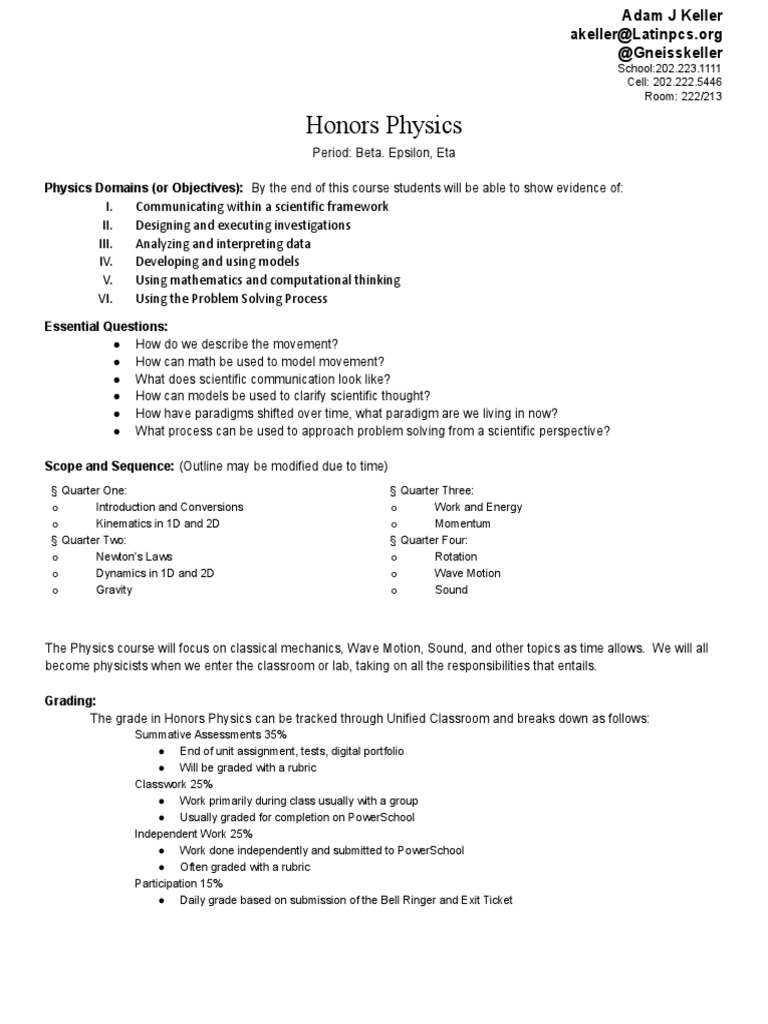 Honors Physics 2021-2022 Syllabus 1 | PDF | Physics | Academic Dishonesty