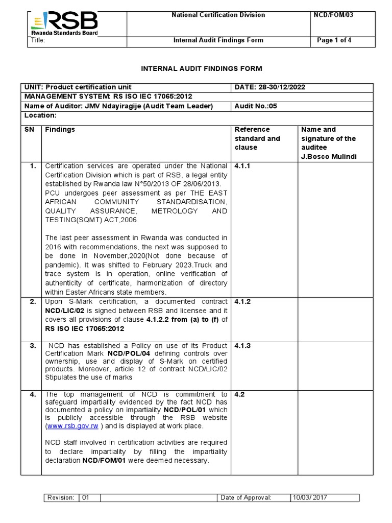 Internal Audit Findings Pcu 2022 | PDF | Audit | Certification
