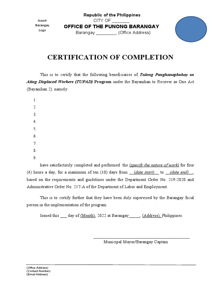 TUPAD Program Completion Certification | PDF | Finance & Money Management