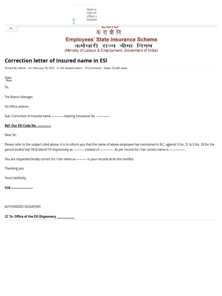 Correction Letter of Insured Name in ESI | PDF | Finance & Money Management