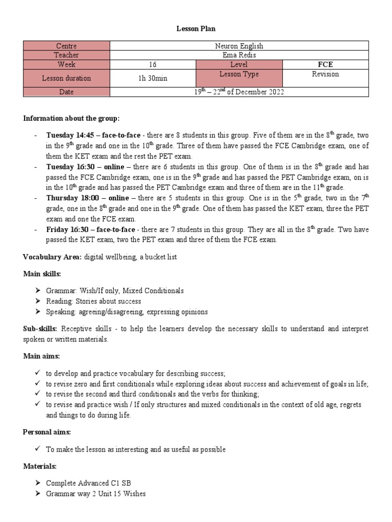 Lesson Plan Sapt 16 FCE & CAE | PDF | Sentence (Linguistics) | Grammar