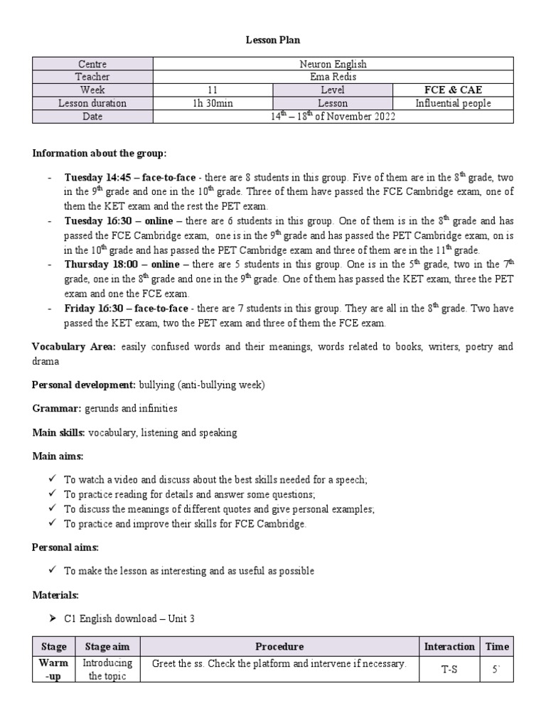 Lesson Plan Sapt 11 FCE & CAE | PDF | Verb | Linguistic Morphology