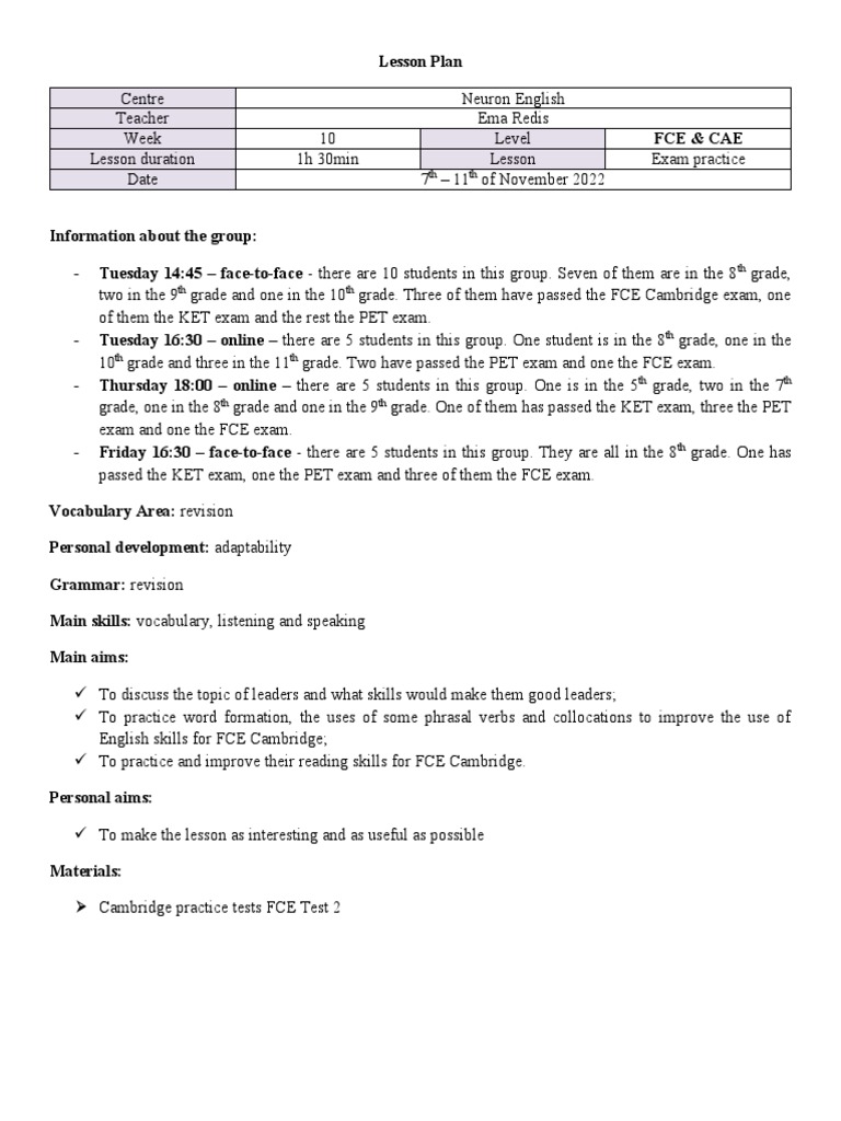 Lesson Plan Sapt 10 FCE & CAE | PDF | Multiple Choice | English Language