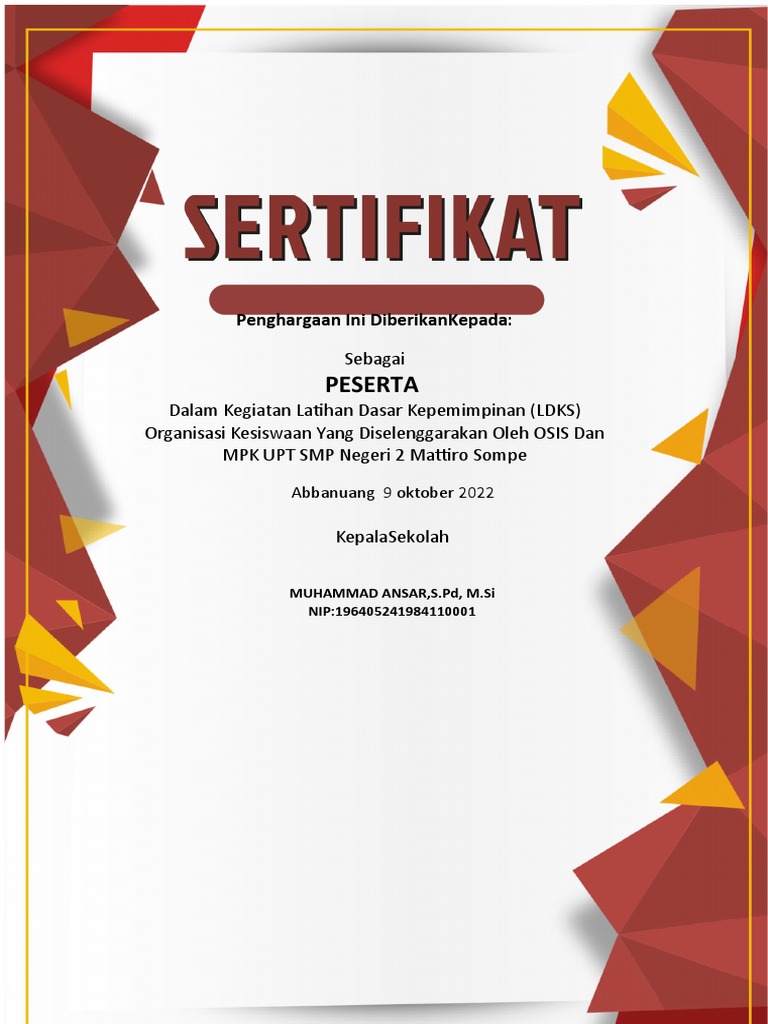 Desain Sertifikat OSIS Gratis 2 Word Potrait | PDF