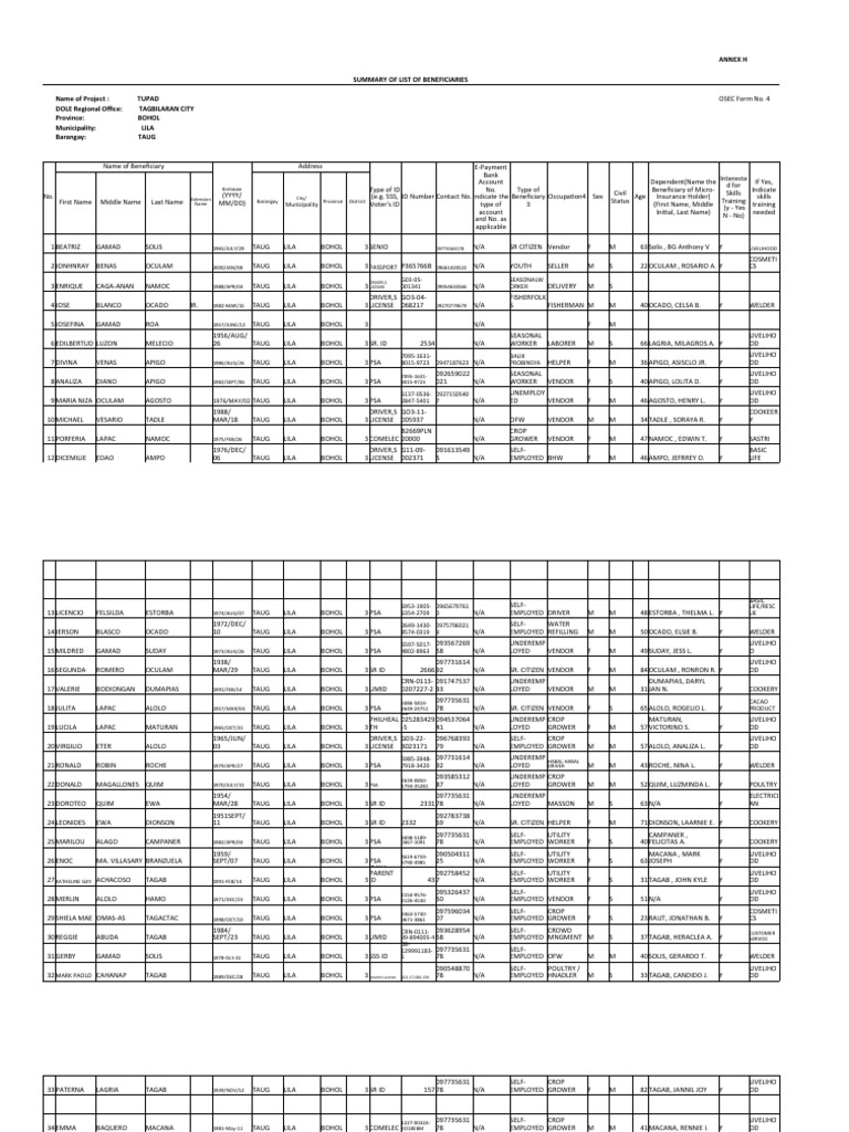 Pre-Imple. Annex H (Excel) - Summary of List of Beneficiaries | PDF