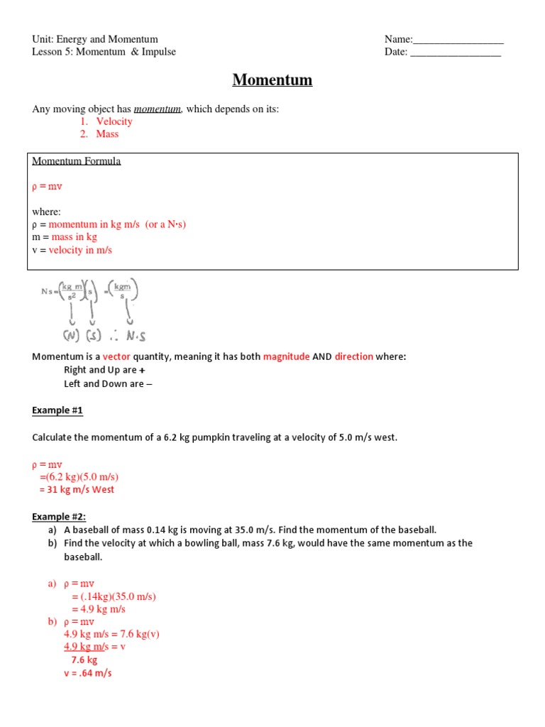 1-d Momentum and Impulse - Key | PDF | Momentum | Velocity