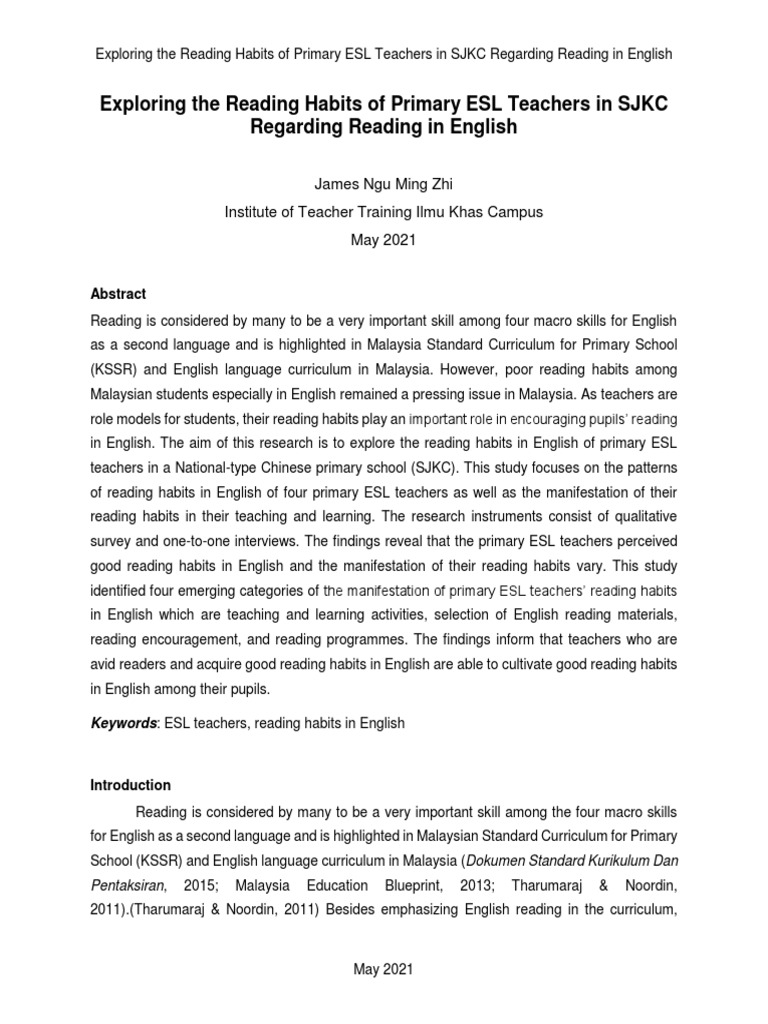 Exploring The Reading Habits of Primary ESL Teachers in SJKC Regarding ...
