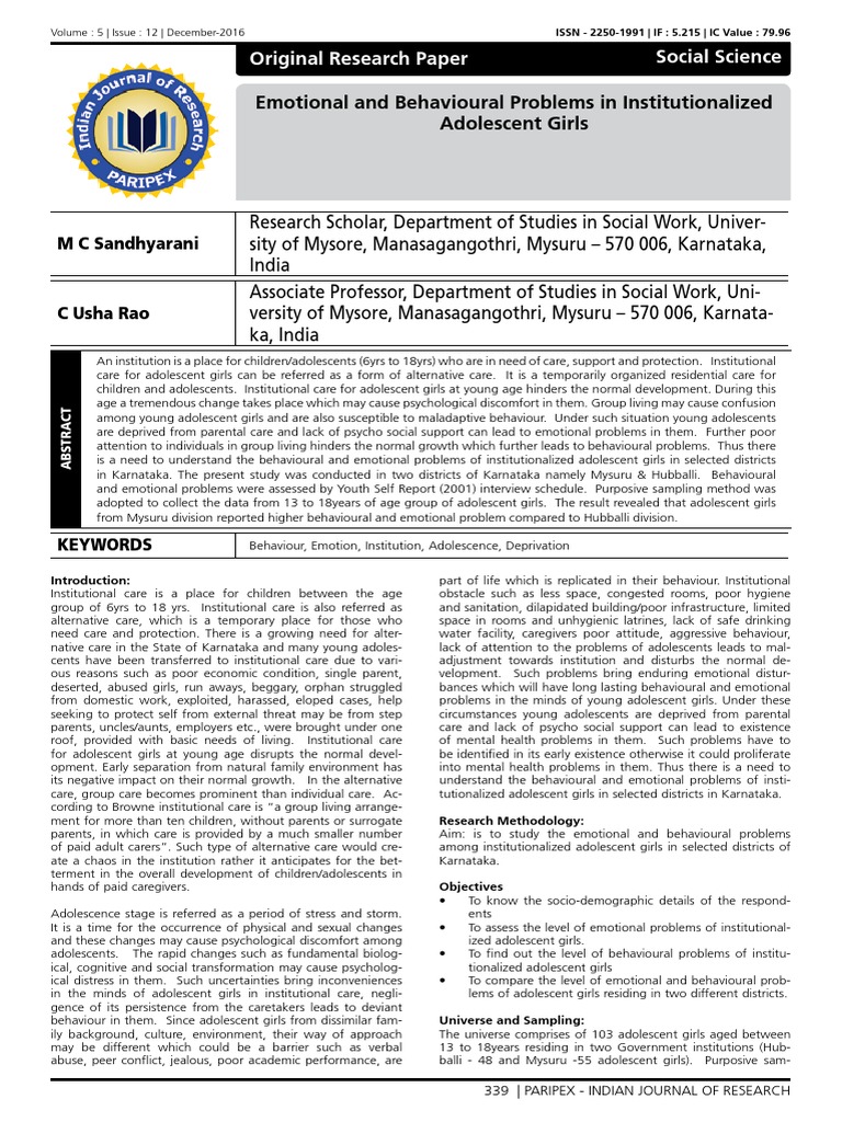 Emotional Issues in Institutionalized Girls | PDF | Adolescence | Anxiety