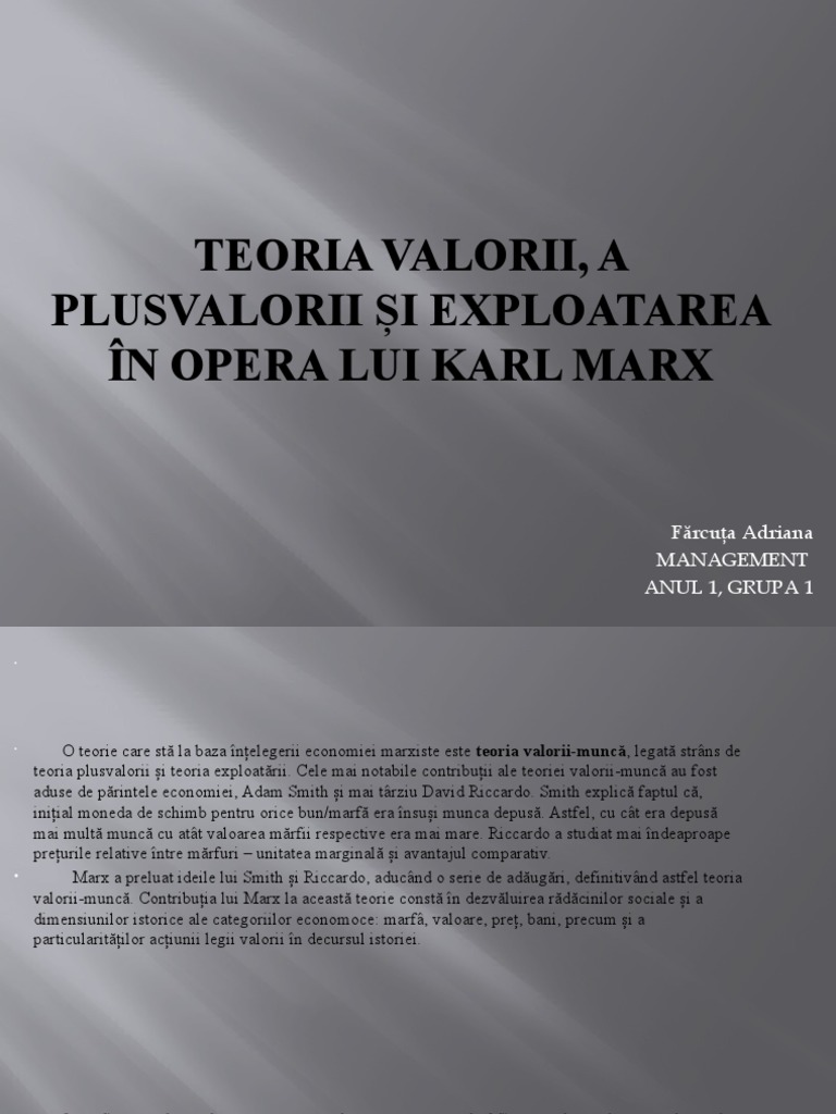 Teoria Valorii, A Plusvalorii Și Exploatarea - Doctrine | PDF