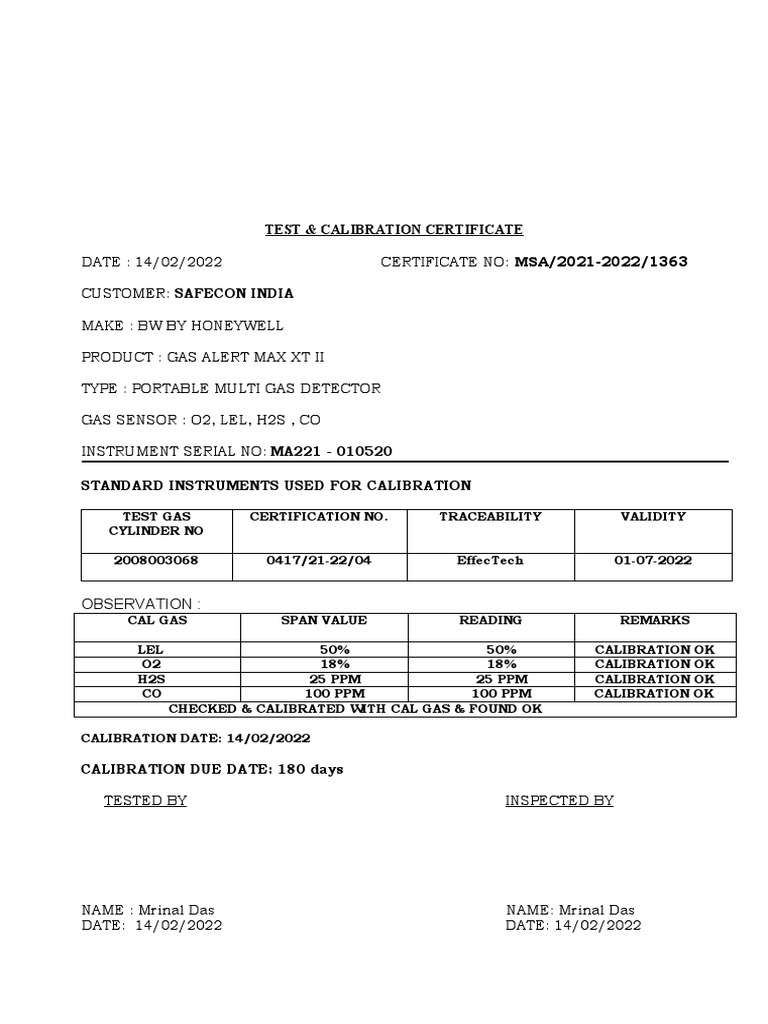 Safecon India Gas Detector Calibration | PDF