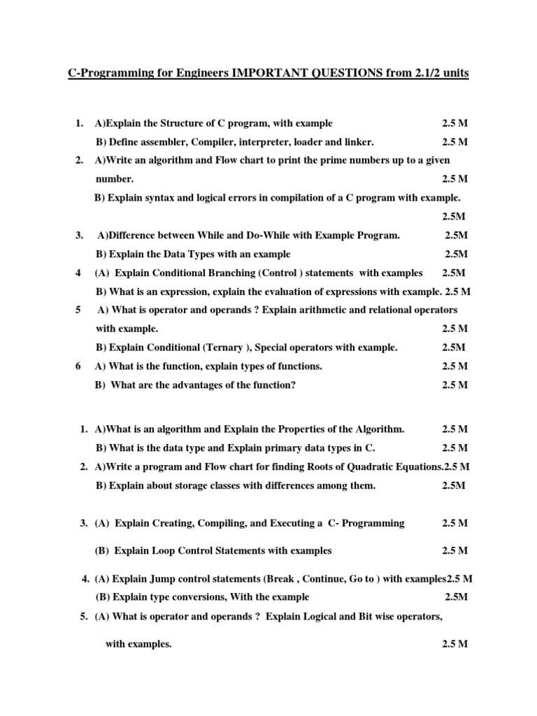 C Programming For Engineers Important Questions Pdf Computer Program Programming