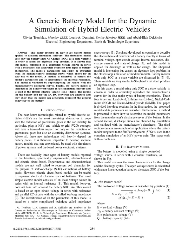 A Generic Battery Model For The Dynamic Simulation of Hybrid Electric ...