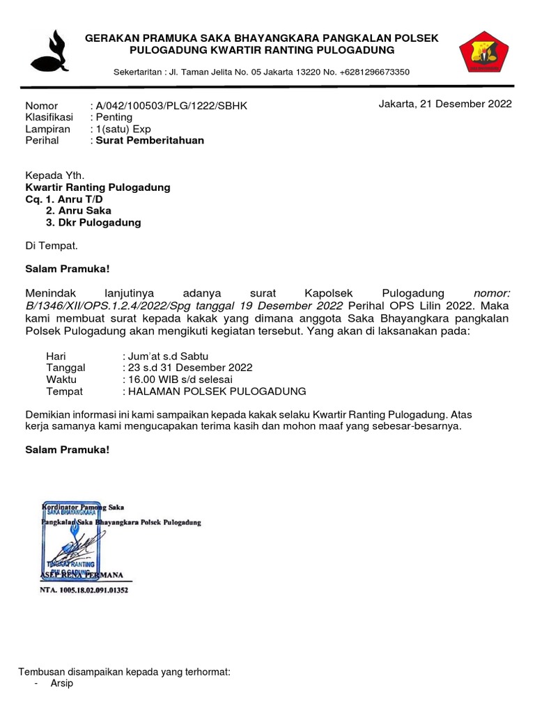 Surat Pemberitahuan PAM OPS Lilin 2022 Kwartir Ranting Pulogadung-1 | PDF