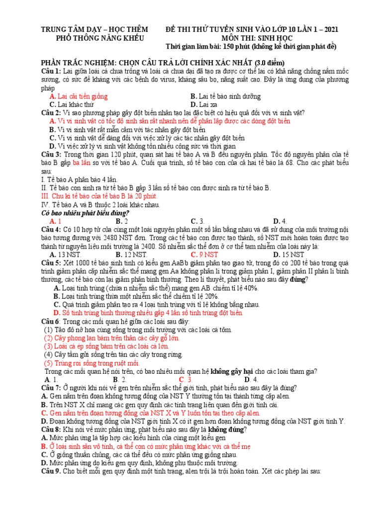 De Thi Thu TS 10 Chuyen Sinh Hoc TPHCM 2021 | PDF