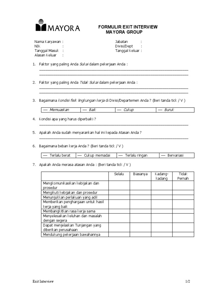 Formulir Exit Interview Mayora Group | PDF