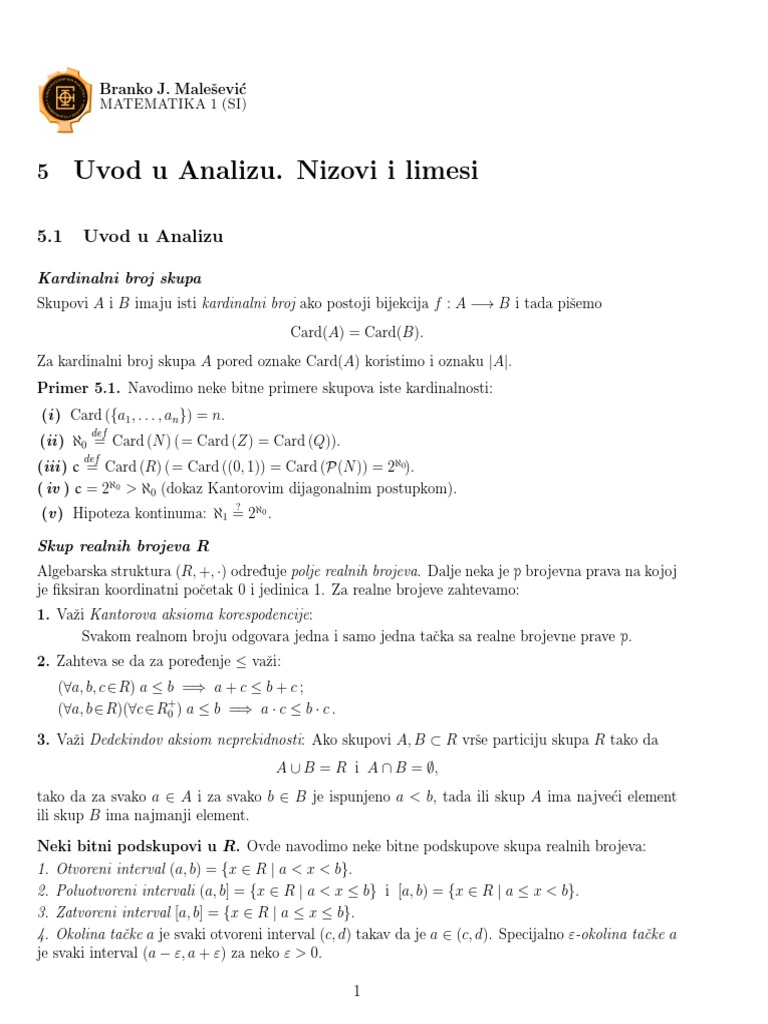 (SI1M1) 05 Predavanja (Uvod U Analizu, Nizovi I Limesi) 2022 | PDF