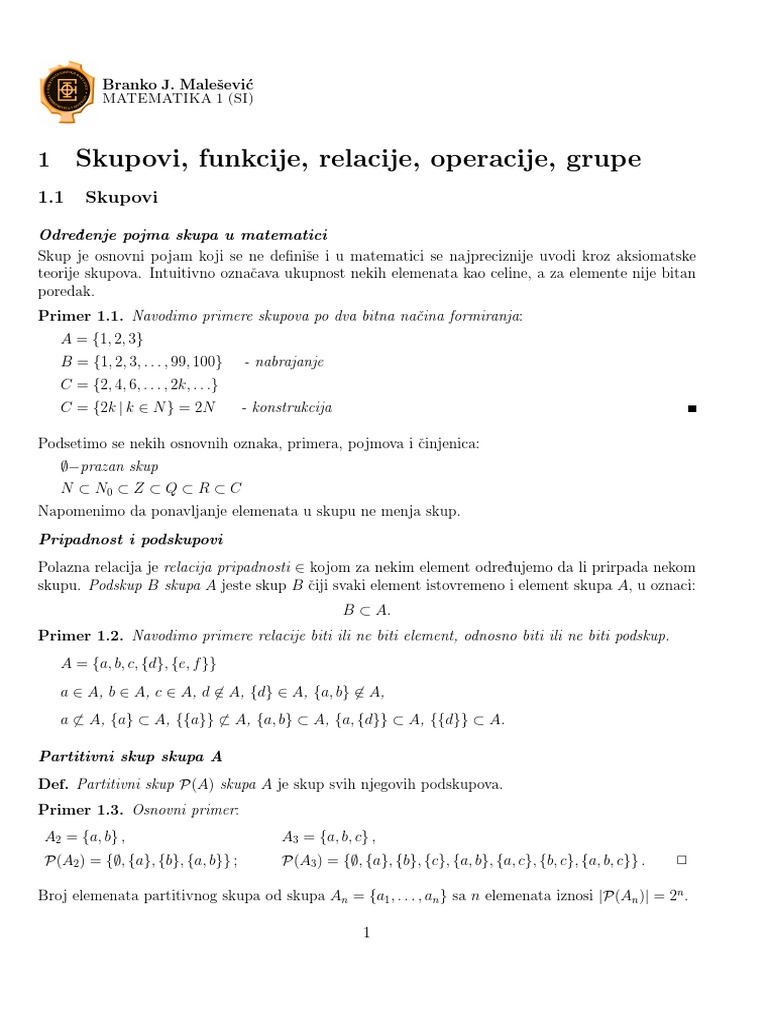 (SI1M1) 01 Predavanja (Skupovi, Funkcije, Relacije, Operacije, Grupe ...