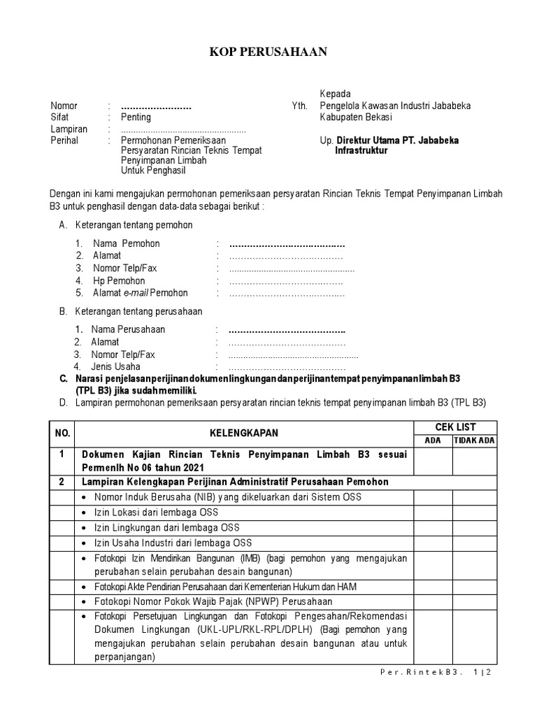 Surat Pemohonan Rintek TPL B3 Dan Kelengkapnnya Tahun 2022 | PDF