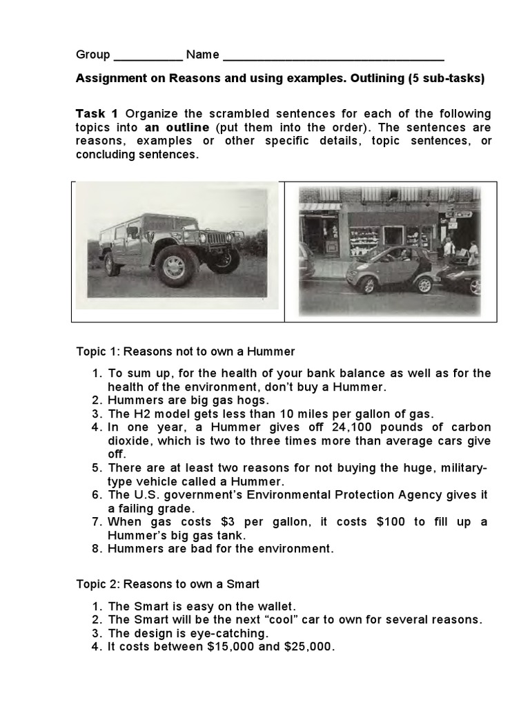 Assignment On Reasons and Using Examples. Outlining (5 Sub-Tasks) Task ...