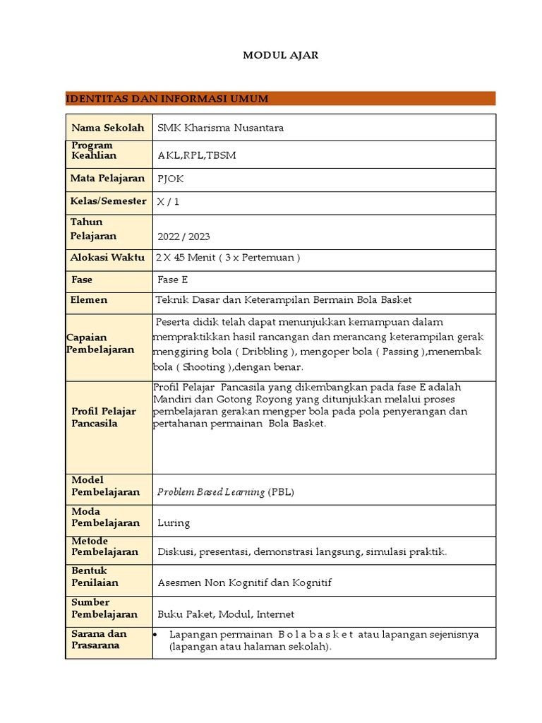 Lk. Modul Ajar - Pjok - X | PDF