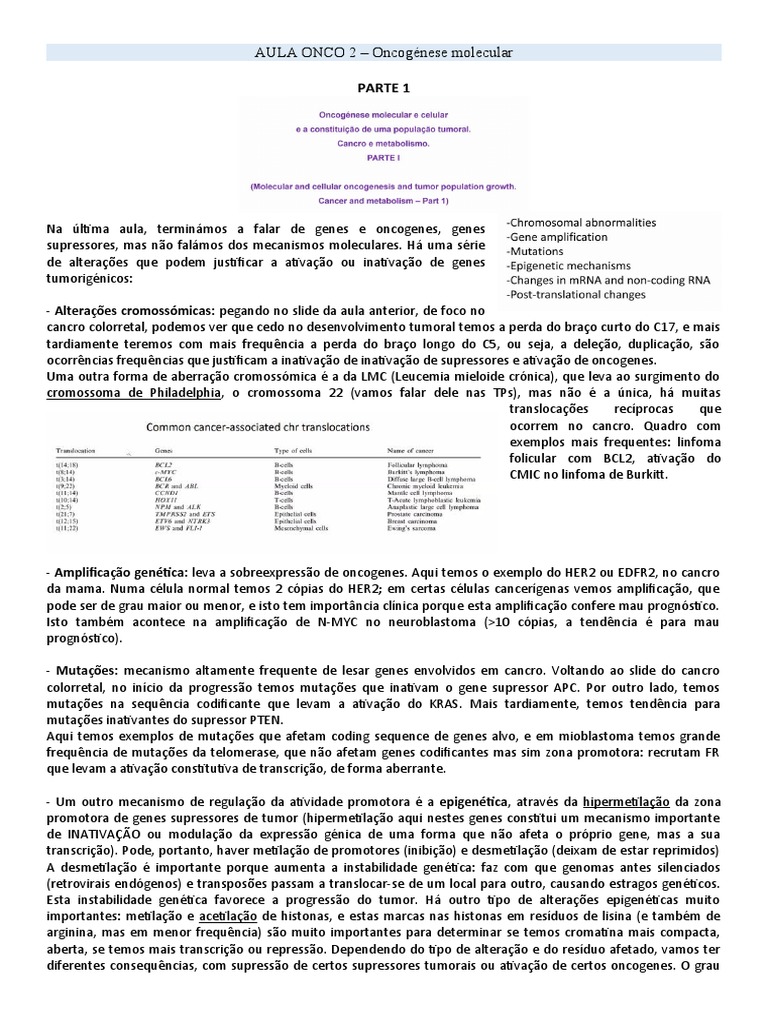AULA ONCO 2 e 3 | PDF | Câncer | Oncogene