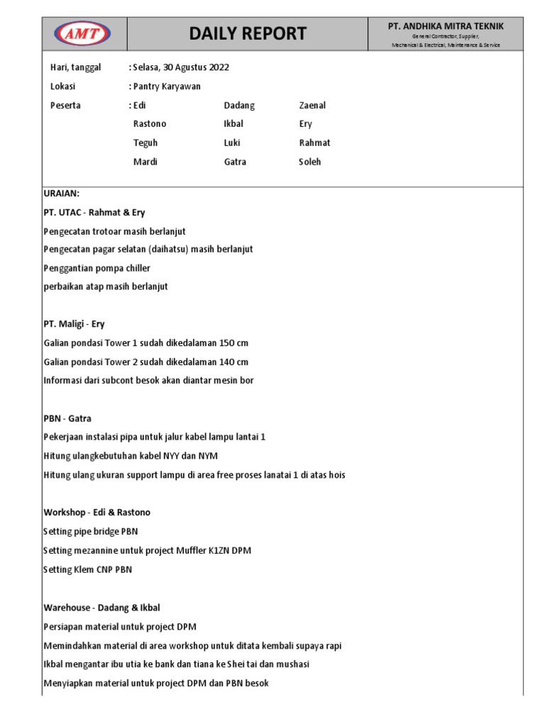 Daily Report - Rabu, 31 Agustus 2022 | PDF