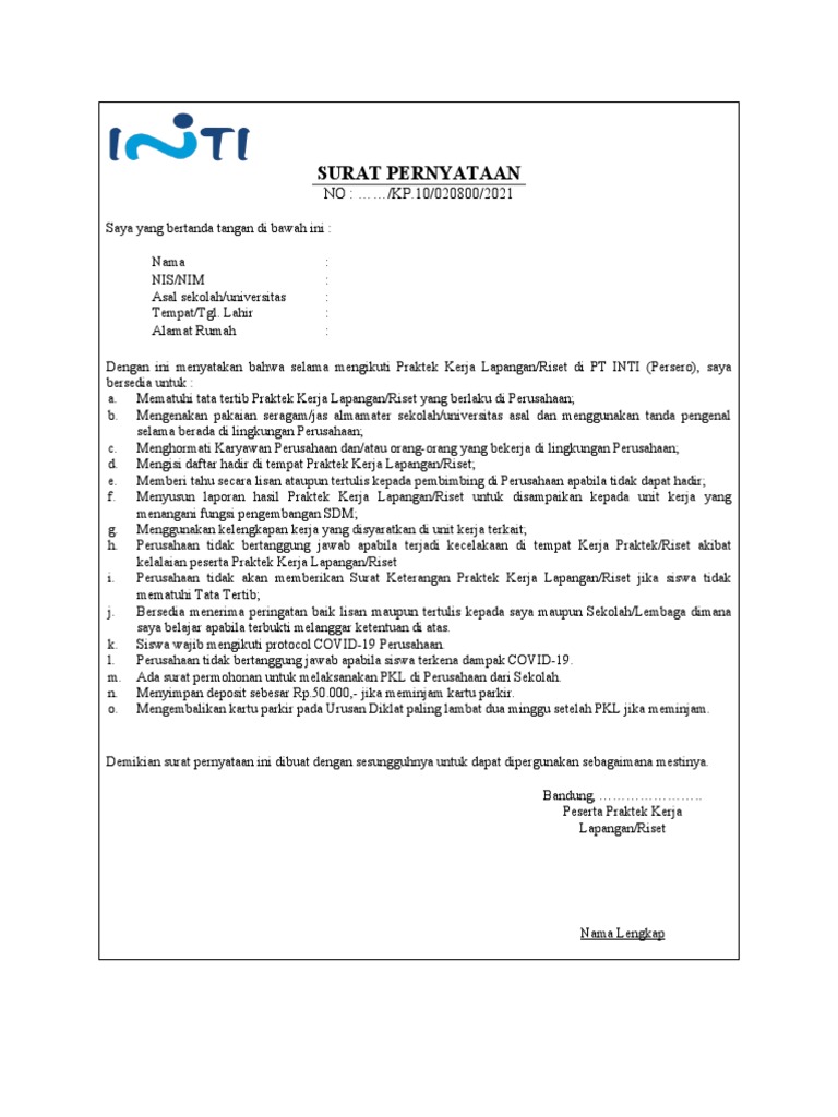 Surat Pernyataan PKL | PDF