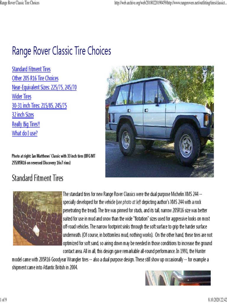 Range Rover Classic Tire Choices | PDF | Tire | Transportation Engineering