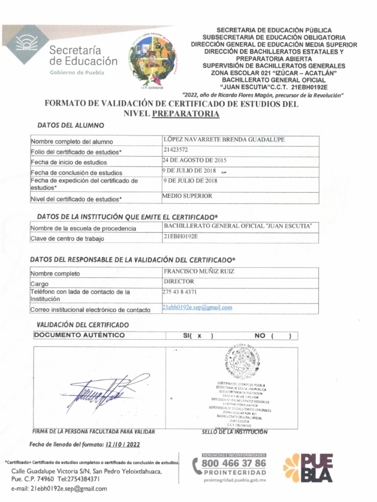 Formato de Validacion de Certificado Brenda Lopez Navarrete | PDF