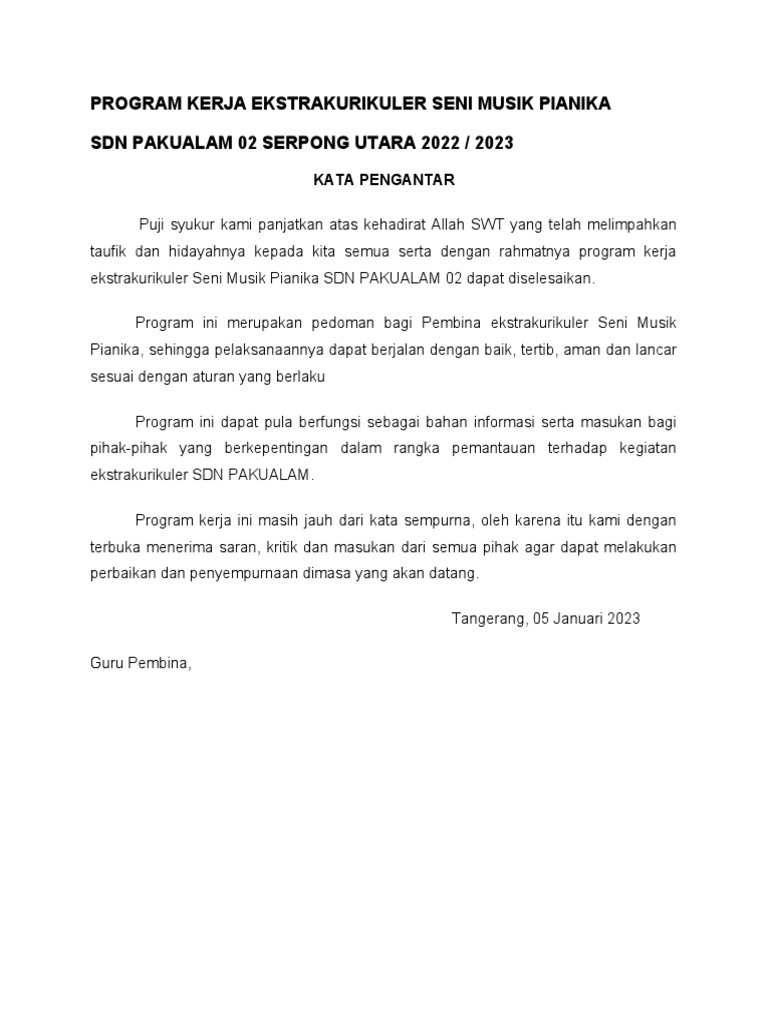 Program Kerja Ekstrakurikuler Seni Musik Pianika | PDF