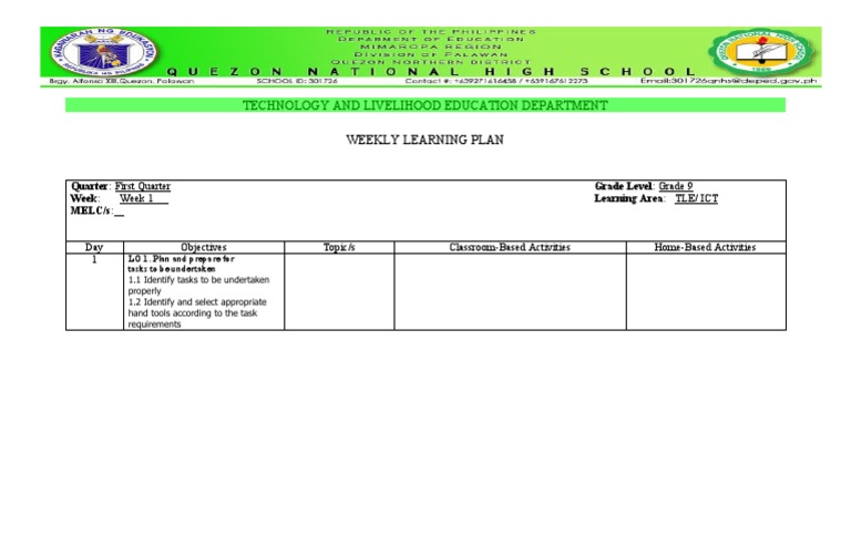 Weekly Learning Plan S.Y. 2022-2023 tEMPLATE | PDF