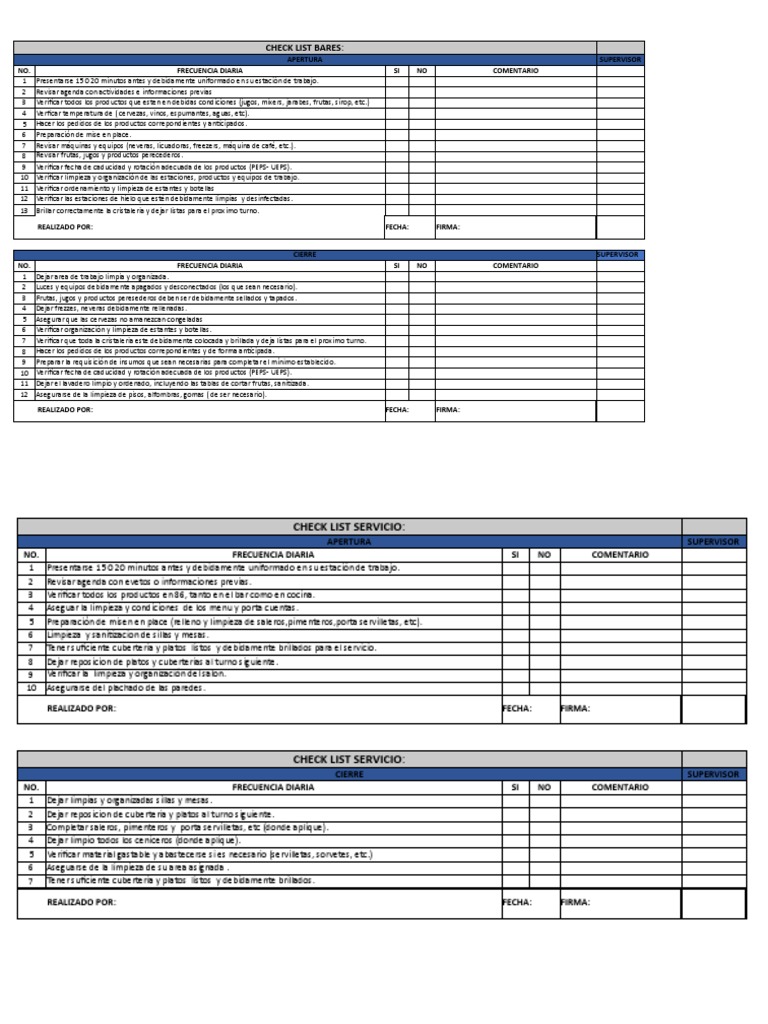 Check List Bar y Servicio | PDF | Comida y bebida | Preparación de ...