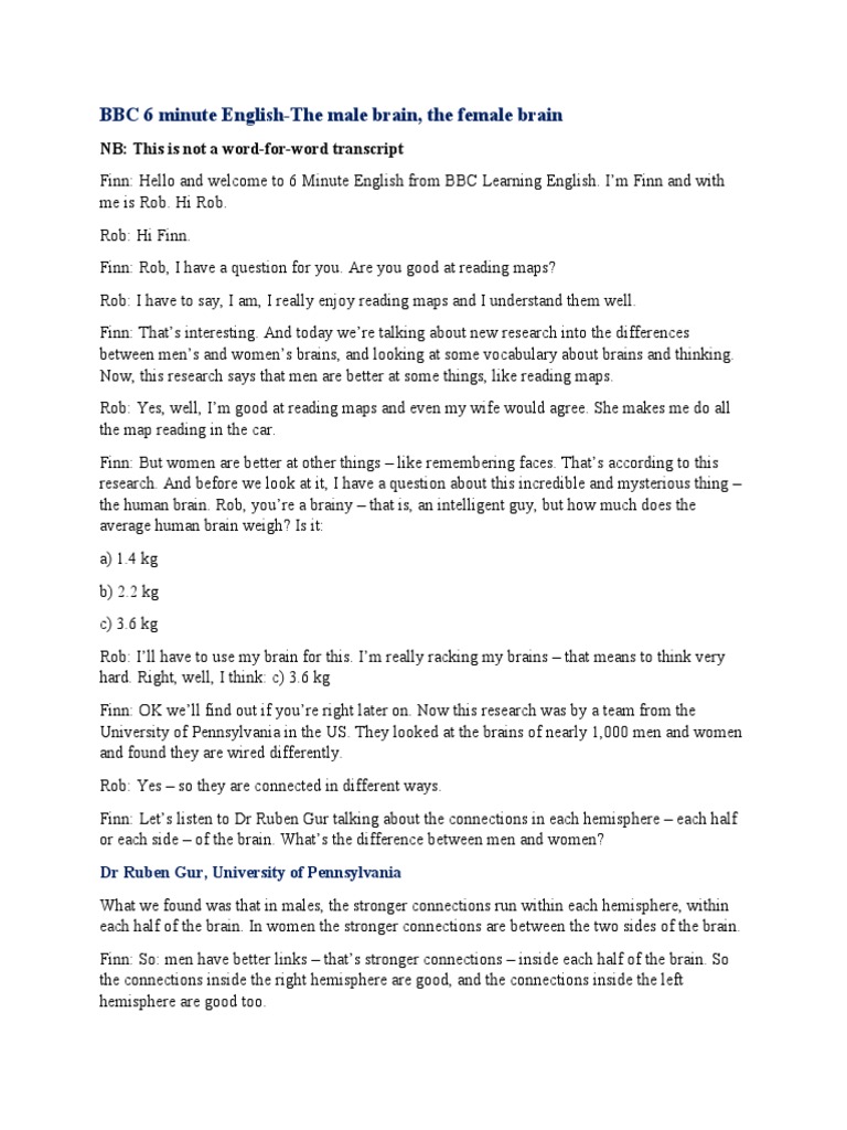 BBC 6 Minute English-The Male Brain, The Female Brain | PDF | Mental ...
