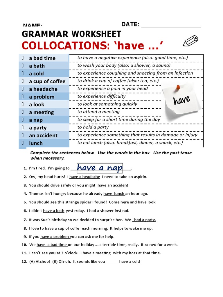 Grammar Worksheet: Collocations Practice | PDF | Linguistics