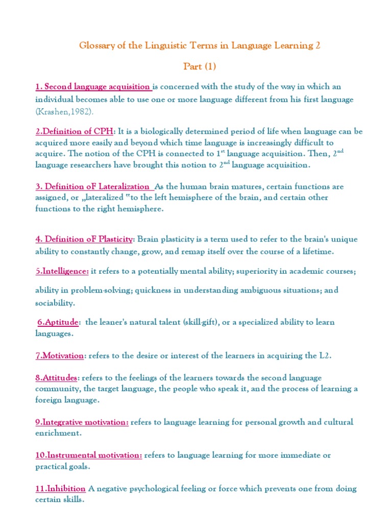 Glossary of The Linguistic Terms in Language Learning 2 Part | PDF ...