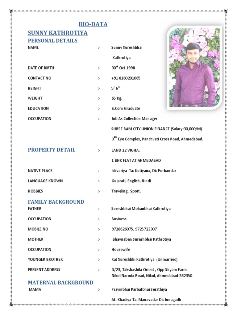 Marriage Bio Data Sunny Kathrotiya | PDF