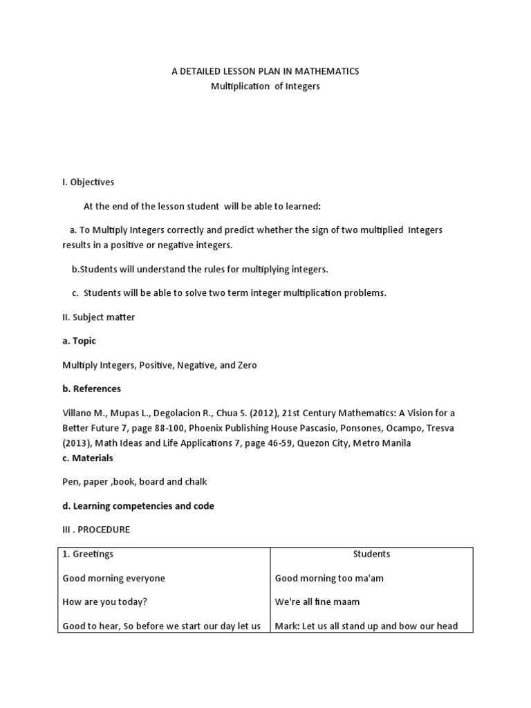 Multiplying Integers Lesson Plan | PDF | Multiplication | Mathematics