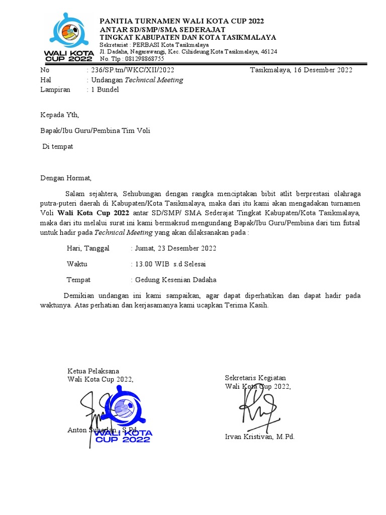 Surat TM Dan Handbook Voli Wali Kota Cup 2022 | PDF