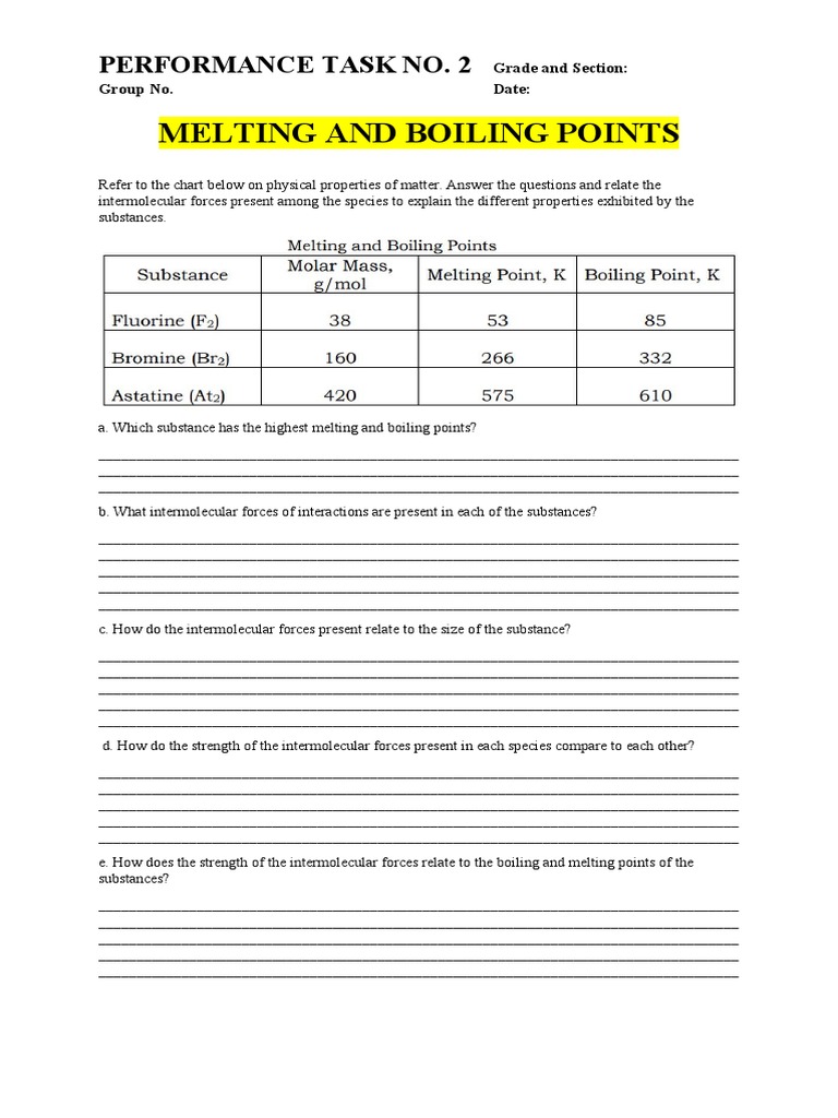 Performance Task 2 Melting and Boiling Points | PDF | Matter | Intermolecular Force