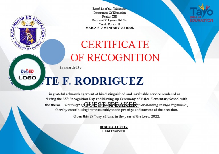 Certificate of Recognition For Guest of Honor and Speaker | PDF