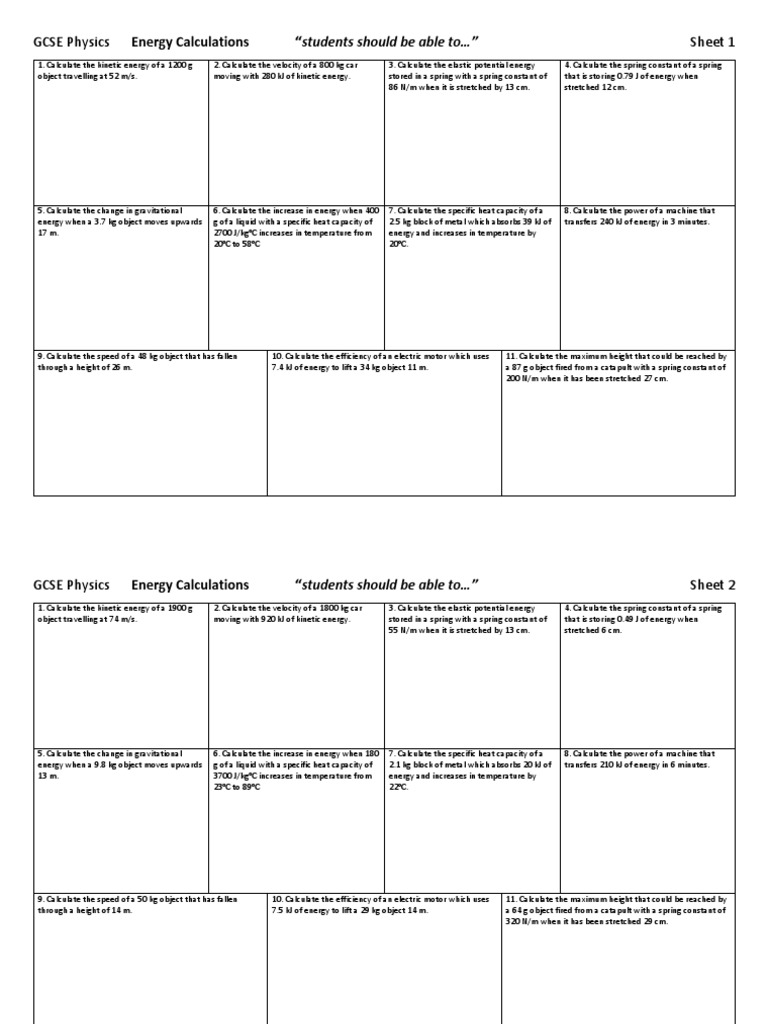 Còpia de Energy - Calculations - Question - Sheets | PDF | Heat ...