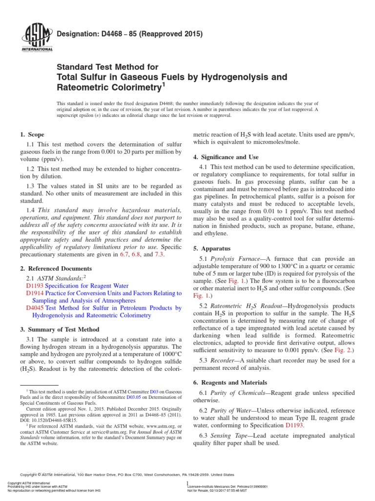 ASTM D4468-85 R2015 Azufre Total en Combustibles Gaseosos | PDF | Pyrolysis | Gases