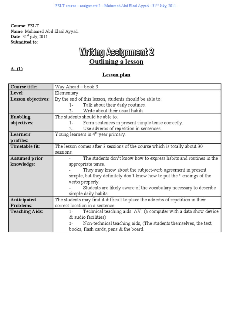 Outlining A Lesson Writing Assignment 2 | PDF | Verb | Lesson Plan