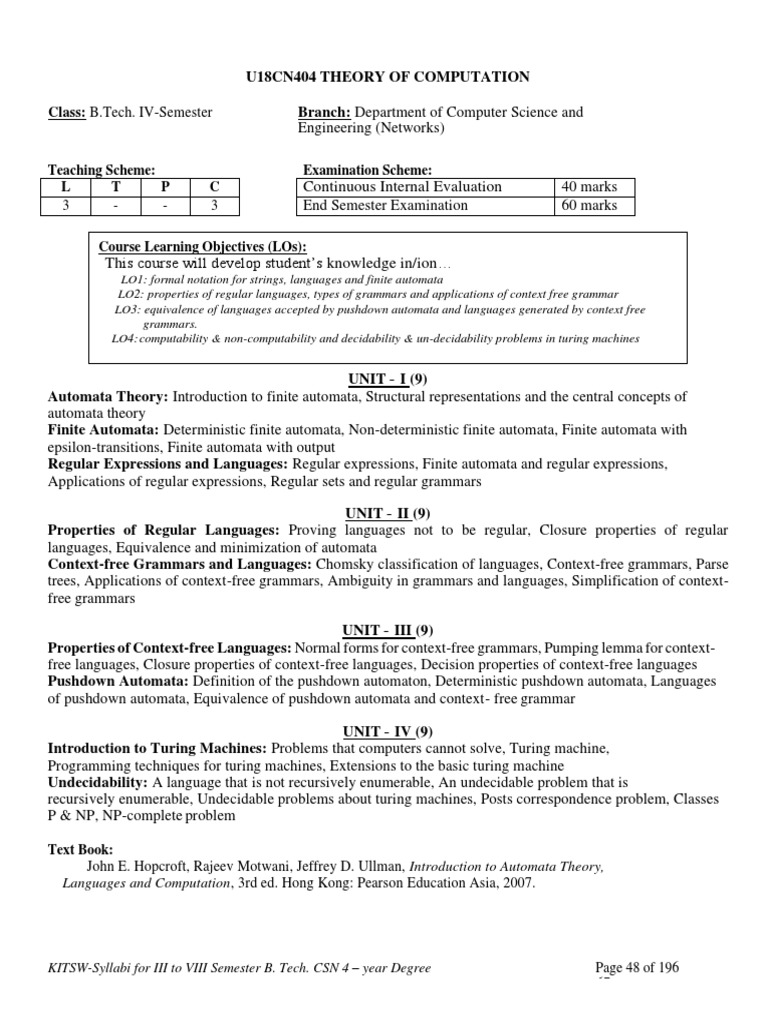 U18cn404 Theory Of Computation Languages And Computation 3rd Ed Hong