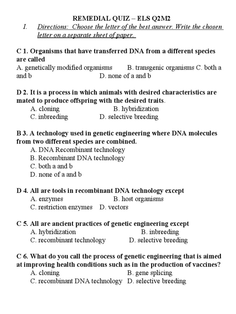 REMEDIAL QUIZ q2m2 | PDF | Genetic Engineering | Molecular Cloning