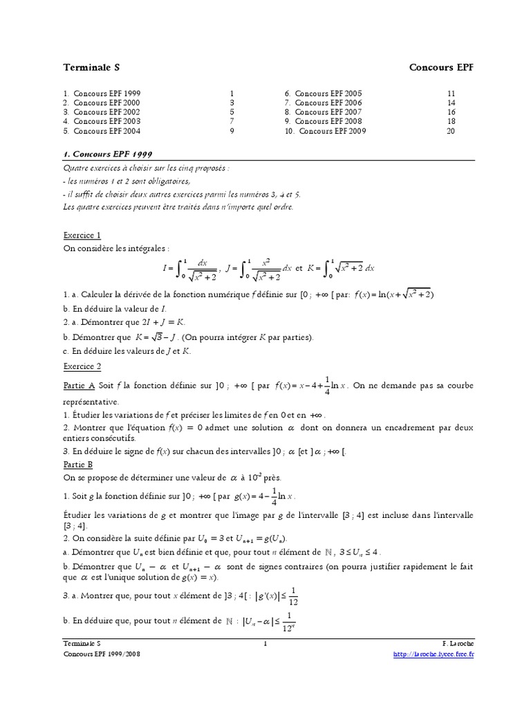 Concours EPF Terminale S 1999-2009 | PDF | Nombre complexe | Courbe