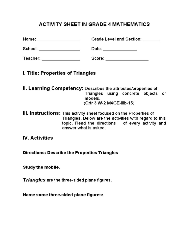 Activity Sheet in Grade 4 Mathematics (Triangle) | PDF | Teaching ...