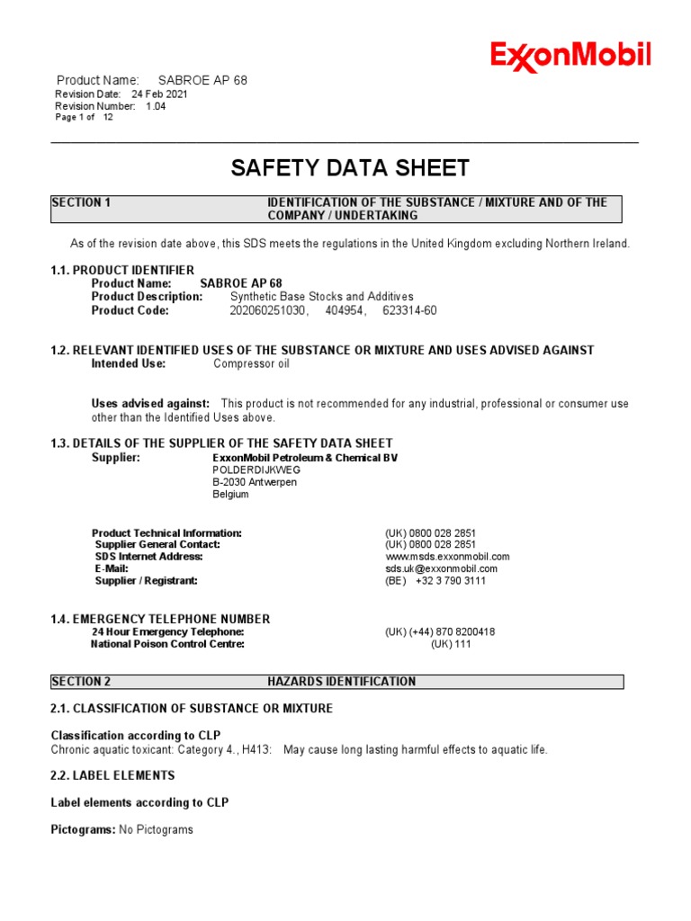 Sabroe Ap68 SDS en 2021 | PDF | Toxicity | Waste Management