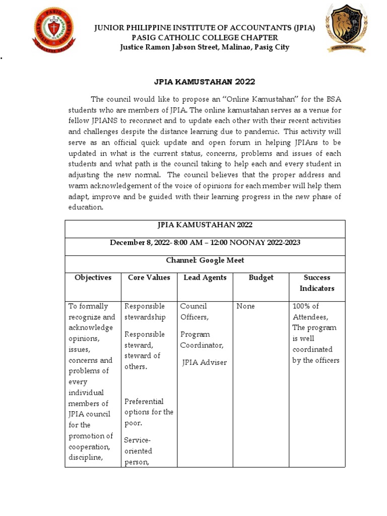 Jpia Kamustahan 2022 Proposal | PDF
