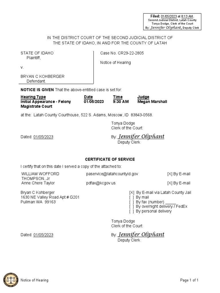 Kohberger Initial Hearing Notice | PDF | Law Of The United States ...